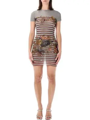 JEAN PAUL GAULTIER Printed Mesh Mini Dress - Light Blue Multi