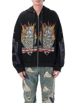WHO DECIDES WAR Graphic Zip-up Hoodie With Rhinestone Embellishment - Coal
