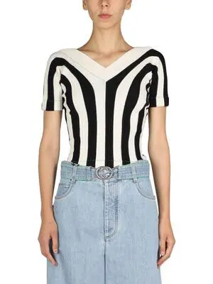 Bottega Veneta Ribbed Striped V-neck Sweater - Black