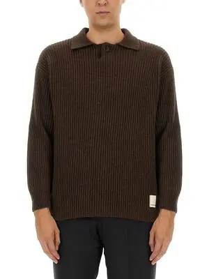 Emporio Armani Ribbed Wool Blend Polo Sweater - Brown