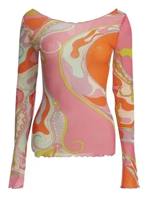 Emilio Pucci Fitted Long Sleeve Boat Neck Tulle Top - Multicolor