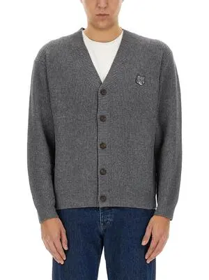 Maison Kitsuné Bold Fox Head Ribbed Cardigan - Grey