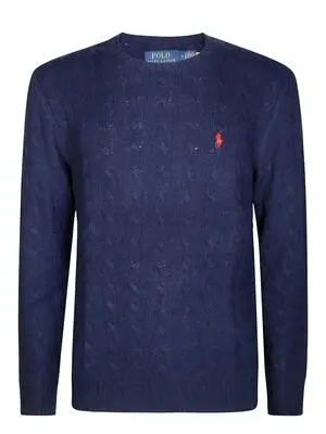 Polo Ralph Lauren Crew Neck Cable Knit Sweater With Embroidered Logo - Blu