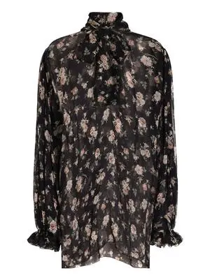 Dolce & Gabbana Floral Silk Tie-neck Sheer Blouse - Multicolour