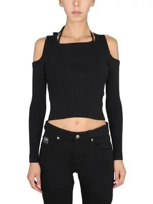 Versace Square Neck Cold Shoulder Ribbed Knit Top - Black