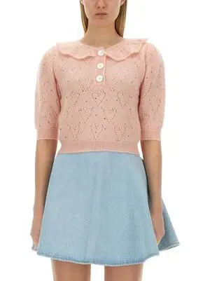 Alessandra Rich Heart Patterned Knit Top With Ruffle Collar - Pink