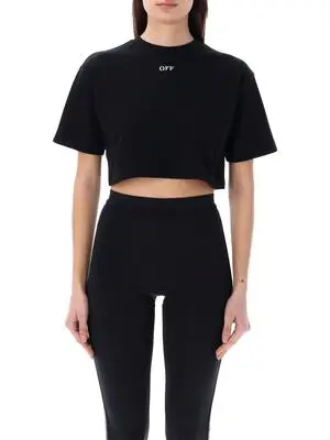 Off-White Ribbed Cropped T-shirt With Embroidered Logo - Black