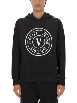 Versace Long Sleeve Polo Sweatshirt With Logo Detail - Black