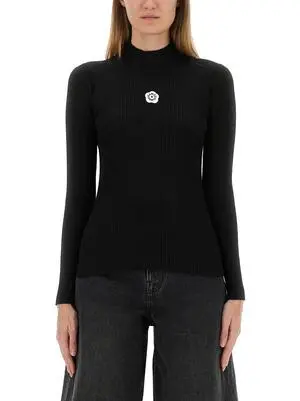 Kenzo Boke Flower 2.0 Embroidered Ribbed Mock Neck Long Sleeve Top - Black