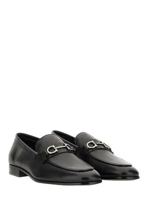 FERRAGAMO Leather Moccasins With Gancini Ornament - Black