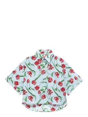 Kenzo Mini Shoulder Button-up Shirt With Floral Print - Azzurro