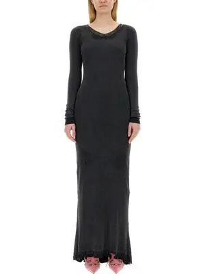 Balenciaga Distressed Lace-trim Long Sleeve Maxi Dress - Black
