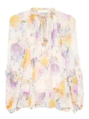 Zimmermann Gathered Floral Print Blouse With Tie Neck And Sheer Cuffs - Multicolor