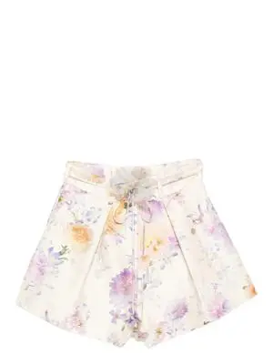 Zimmermann High-rise Pintuck Shorts With Floral Belt - Multicolor