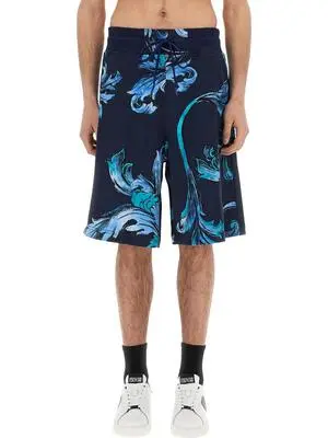 Versace Baroque Print Cotton Sports Shorts - Blue