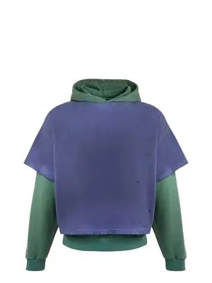 FOUND Layered Distressed Cotton Hoodie And T-shirt Set - Blu