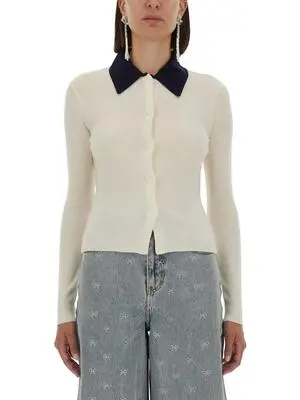 SELF-PORTRAIT Merino Wool Cardigan With Contrast Collar - Ivory