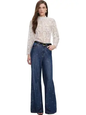 SELF-PORTRAIT High Waist Embellished Wide Leg Jeans - Blu