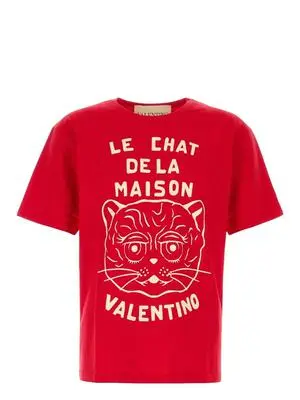 Valentino Garavani Cotton T-shirt With Le Chat De La Maison Print - Red