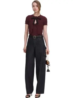 SELF-PORTRAIT Cropped Button-down Shirt With Bow Detail - Marrone