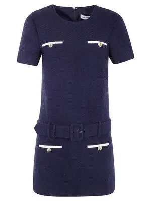 SELF-PORTRAIT Boucle Mini Dress With Belt - Blue