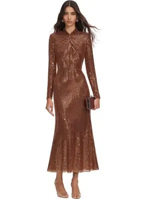 SELF-PORTRAIT Embellished Maxi Dress With Removable Shoulder Pads - Marrone