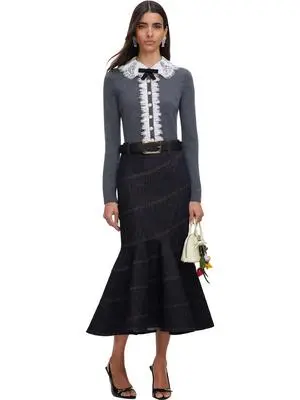 SELF-PORTRAIT Button-front Wool Sweater With Lace Trim And Bow Detail - Grigio