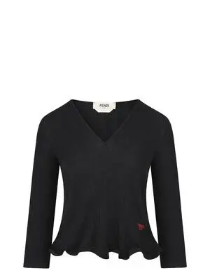Fendi Virgin Wool Ribbed V-neck Top With Ruffled Hem - Black