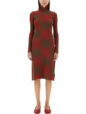 Burberry Long Sleeve Checked Wool Blend High Neck Dress - Red