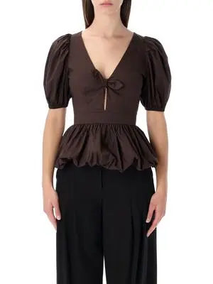 ROTATE BY BIRGER CHRISTENSEN Fitted Puff Sleeve Bubble Top With Front Tie Detail - Mole Brown