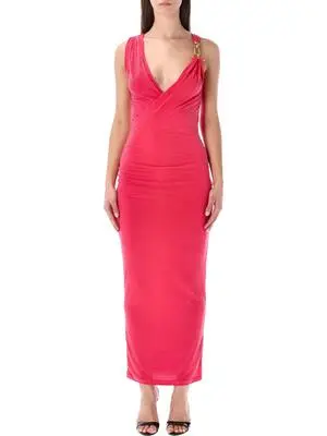 Balmain Draped Deep V-neck Gown With Gold-tone Chain Detail - Fuchsia