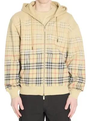 Burberry Cotton Checked Full Zip Hoodie - Beige