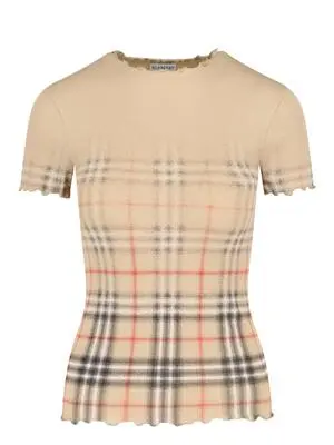 Burberry BURBERRY Short-Sleeved Ribbed Top With Gathered Edges And Check Print Beige