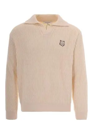 Maison Kitsuné Ribbed Knit Polo Sweater With Fox Applique - Sandshell