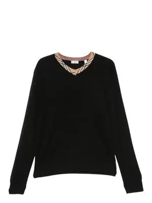 Burberry Knit V-neck Sweater With Check Trim - Nero