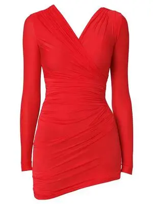 Balenciaga Ruched Long Sleeve V-neck Mini Dress - Red