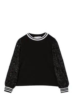 SIMONETTA Fine Knit Pullover With Embellished Tulle Sleeves - Black