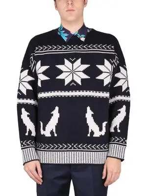 Etro Intarsia Wolf And Snowflake Patterned Crewneck Sweater - Blue