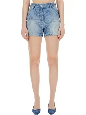 Versace High-rise Straight-leg Denim Shorts With Paisley Print - Blue