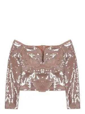 SELF-PORTRAIT Sequined Off-shoulder Long-sleeve Top - Beige