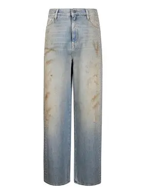 GOLDEN GOOSE Wide-leg Distressed Embellished Jeans - Blu