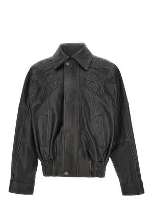 GOLDEN GOOSE Nappa Leather Bomber Jacket With Floral Embroidery - Brown