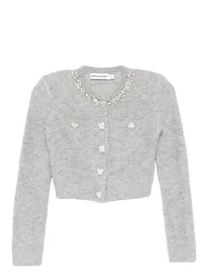 SELF-PORTRAIT Crystal-embellished Ribbed-knit Cardigan - Grey