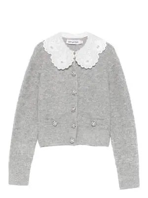 SELF-PORTRAIT Embellished Scalloped Collar Cardigan - Grey