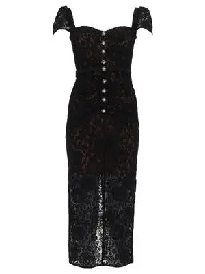 SELF-PORTRAIT Lace Trimmed Button Detailed Midi Dress - Black