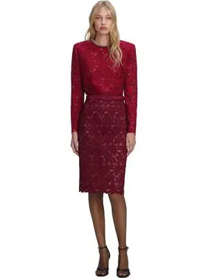 SELF-PORTRAIT Floral Lace Midi Skirt With Removable Belt - Red