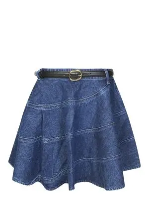 SELF-PORTRAIT A-line Denim Midi Skirt With Belt Detail - Blu