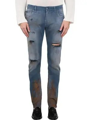Dolce & Gabbana DOLCE & GABBANA Skinny Fit Cotton Denim Jeans With Logo Plaque And Distressed Details Multicolour