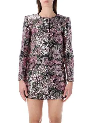 SELF-PORTRAIT SELF-PORTRAIT Floral Sequin Embellished Round Neck Long Sleeve Top Red