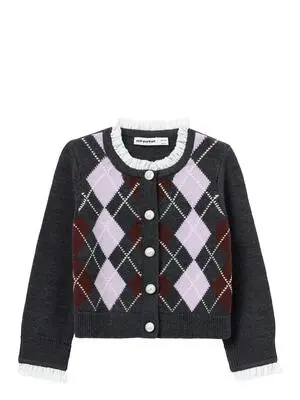 SELF-PORTRAIT Argyle Diamond Pattern Cardigan With Ruffled Collar And Hem - Grey